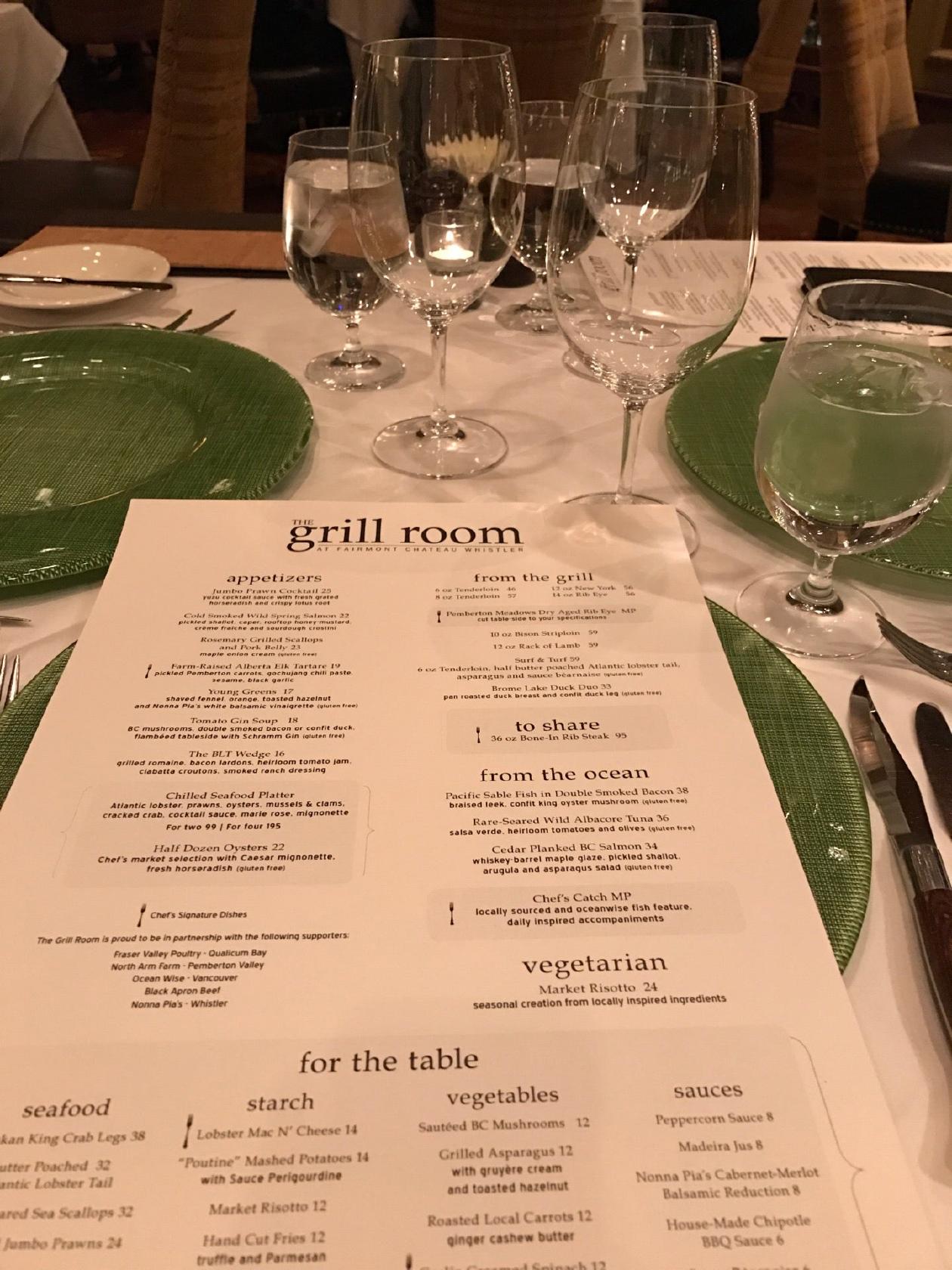 Carta de parrilla THE GRILL ROOM, Whistler, Chateau Blvd