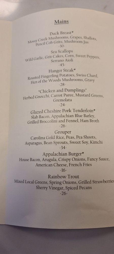 Menu at The Appalachian steakhouse, Sevierville