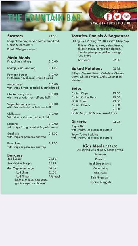 Menu at The Fountain Bar & Restaurant, Aberfeldy