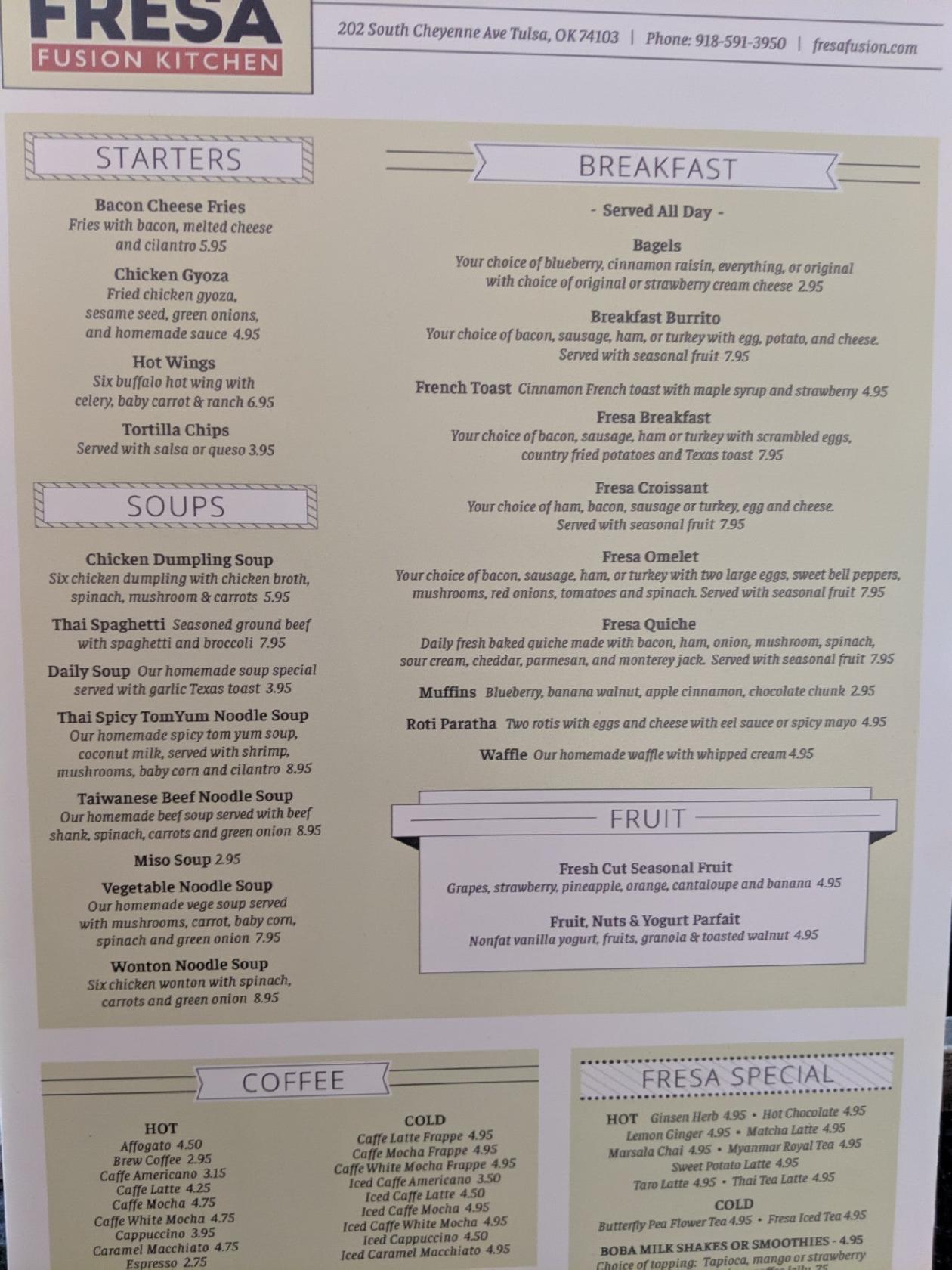 Menu at Fresa All About Cha - Downtown restaurant, Tulsa, 202 South ...