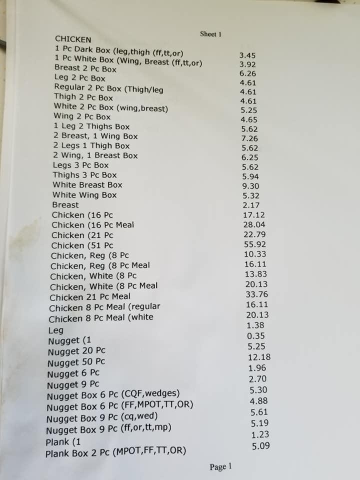 Menu at Chicken Hut restaurant, McKee