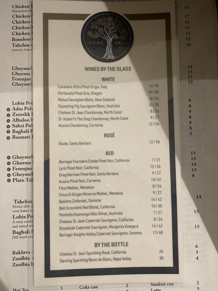 Menu at Irvine Grill restaurant, Irvine