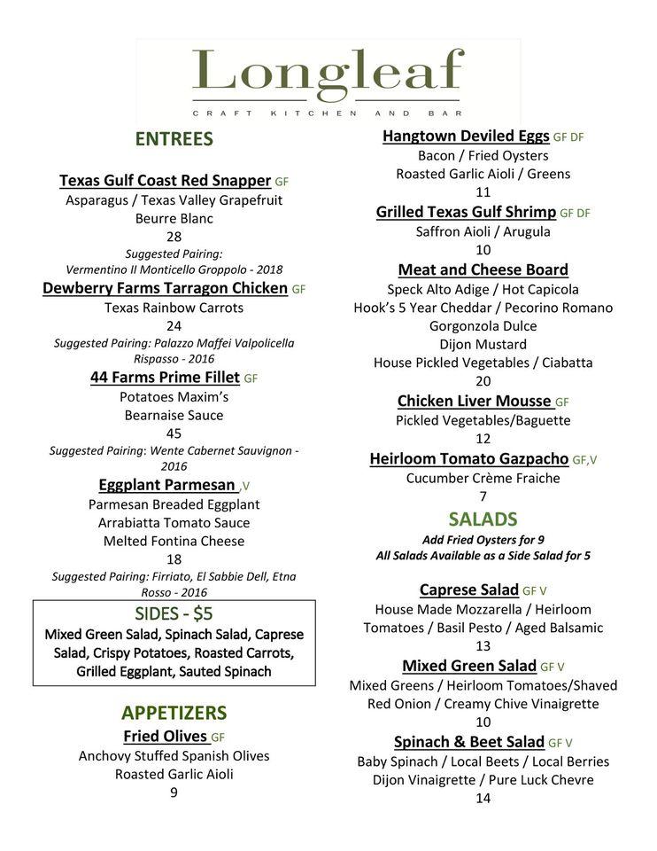 Menu at Longleaf Craft Kitchen + Bar, Wimberley