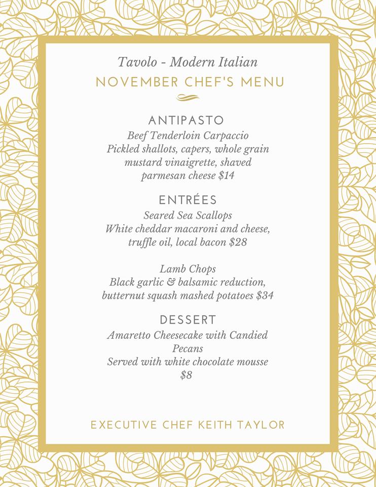 Menu at Tavolo Modern Italian restaurant, Sidney