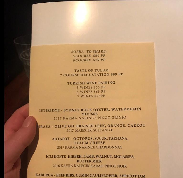 Menu at Tulum Turkish Restaurant, Balaclava