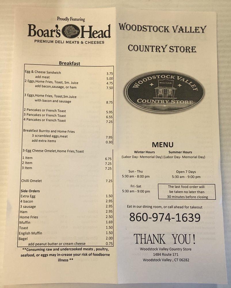 Menu at Woodstock Valley Country Store pizzeria, Woodstock