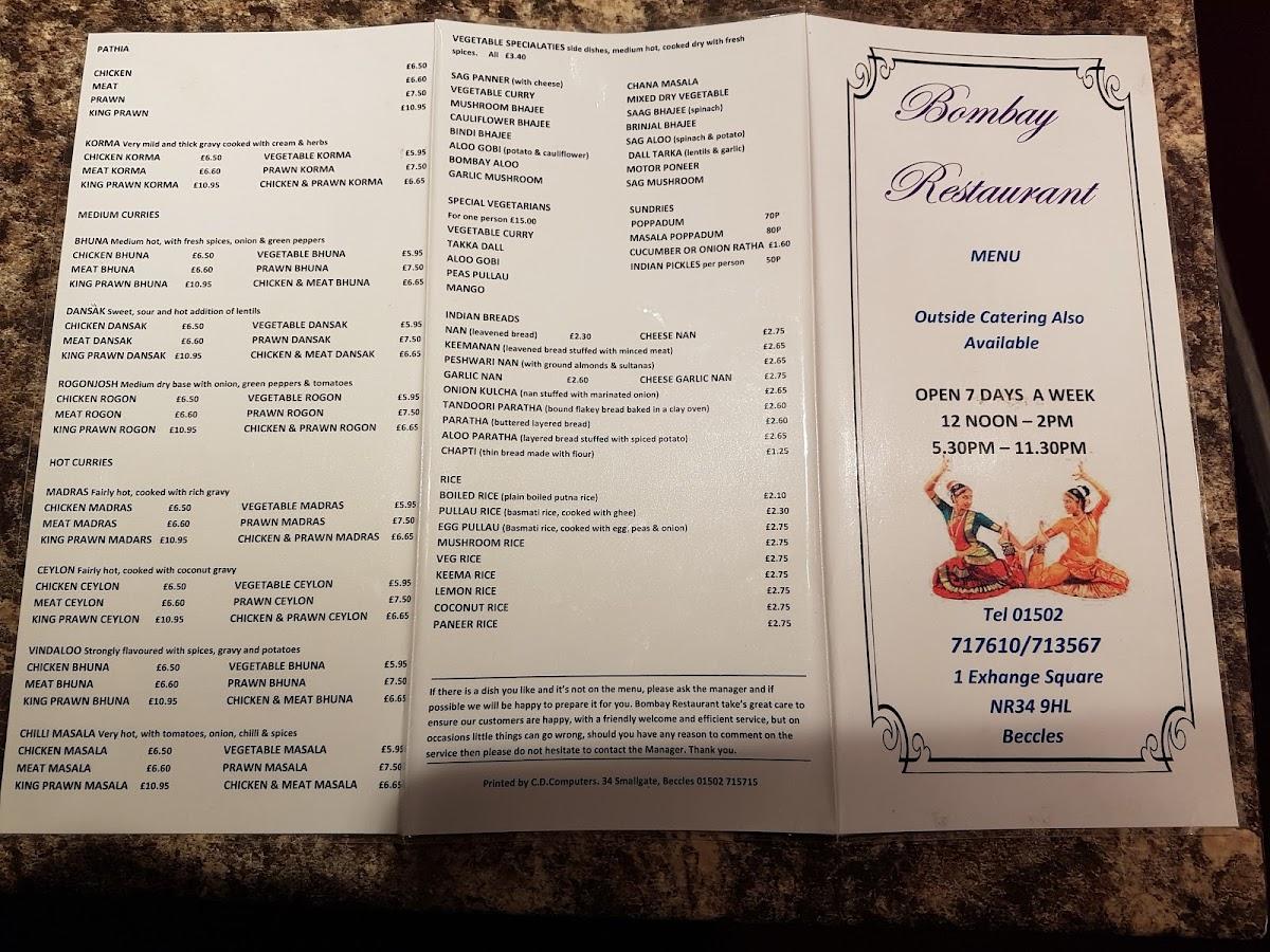 Menu at Bombay Restaurant, Beccles