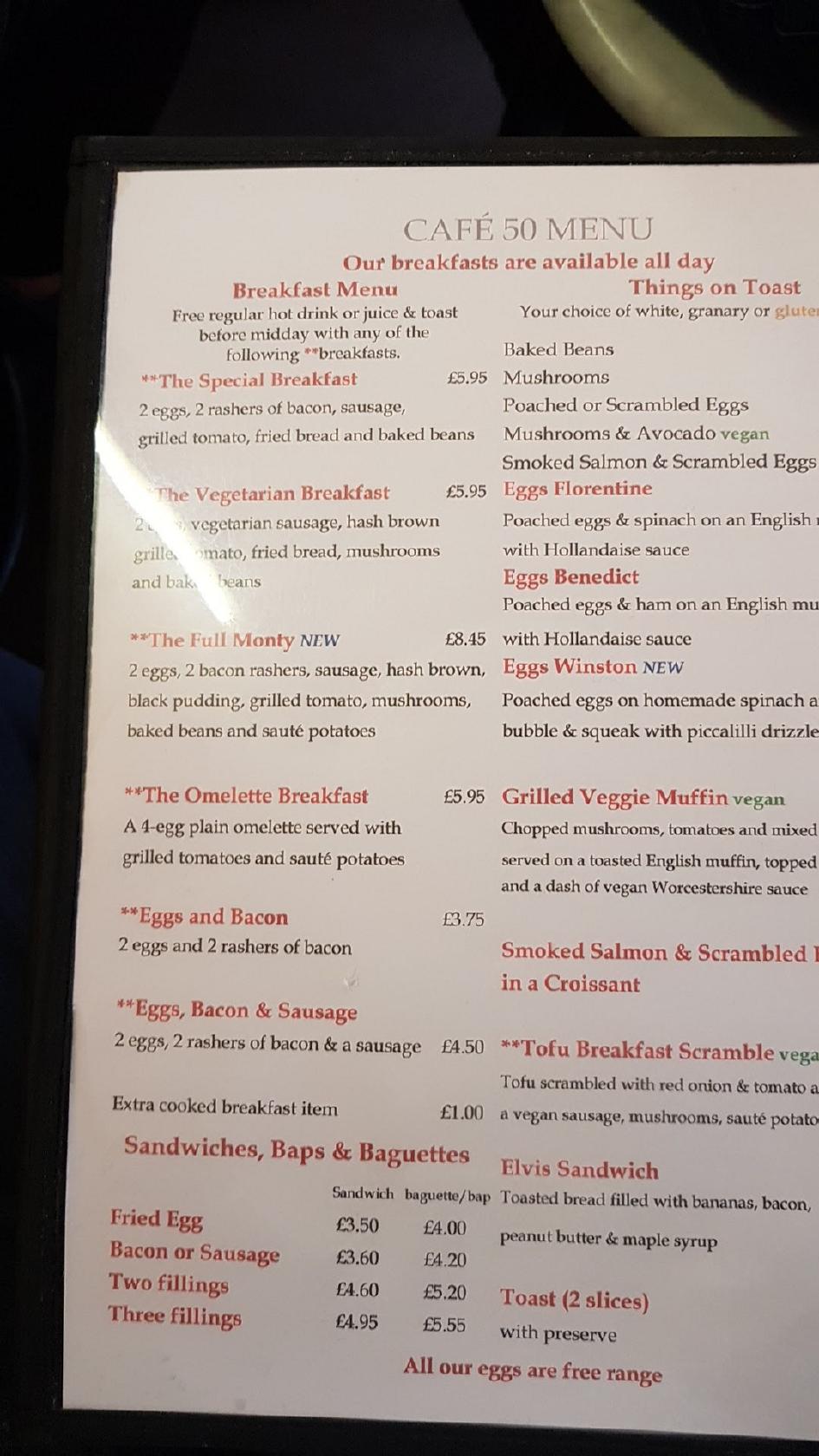 Menu at Cafe Number 50, Yeovil