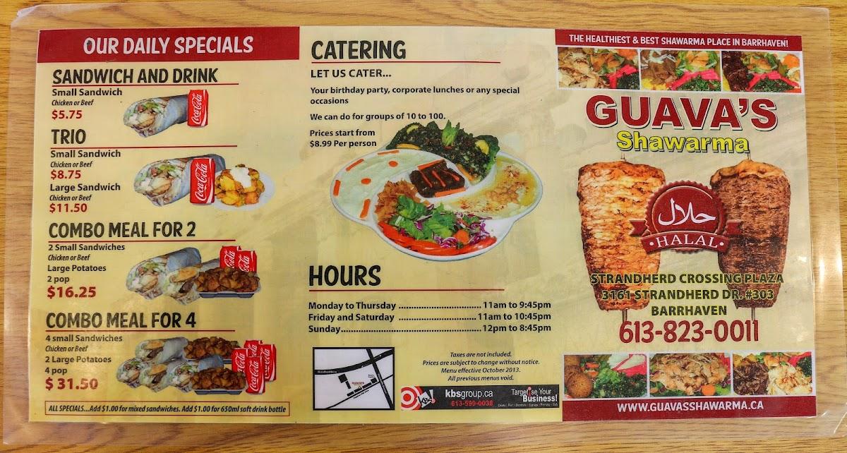 Menu at Guava's Shawarma restaurant, Ottawa
