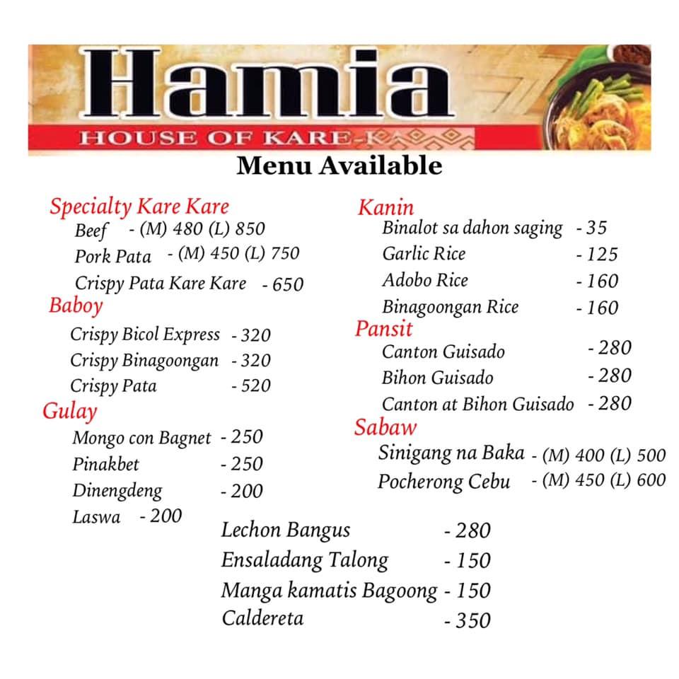 Menu at Hamia House Of Kare-kare restaurant, Quezon City, P2GX+C9M