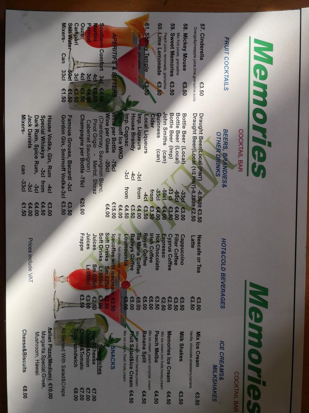 Menu at Memories Cocktail Bar, Paphos