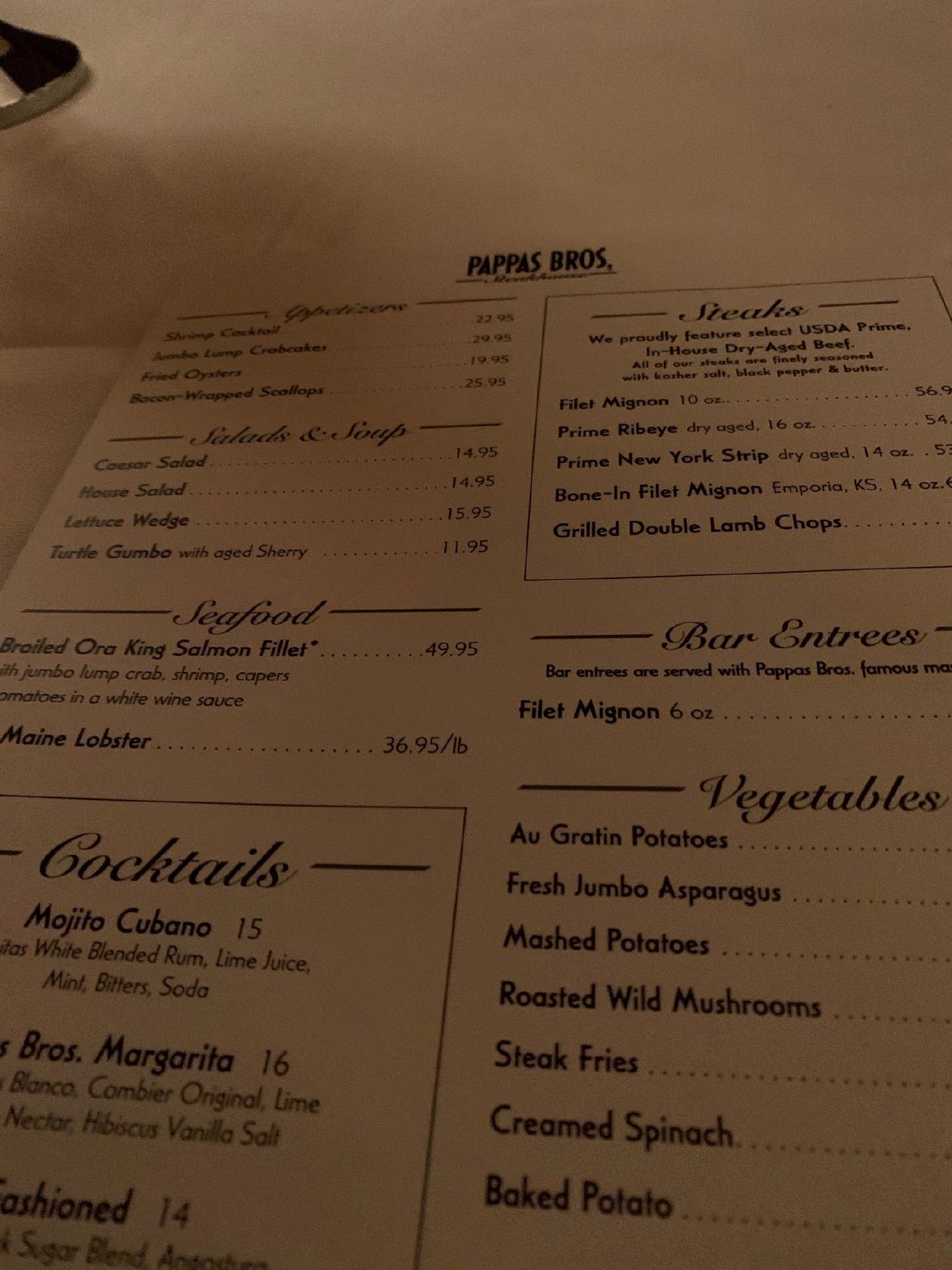 Menu at Pappas Bros. Steakhouse, Houston, McKinney St