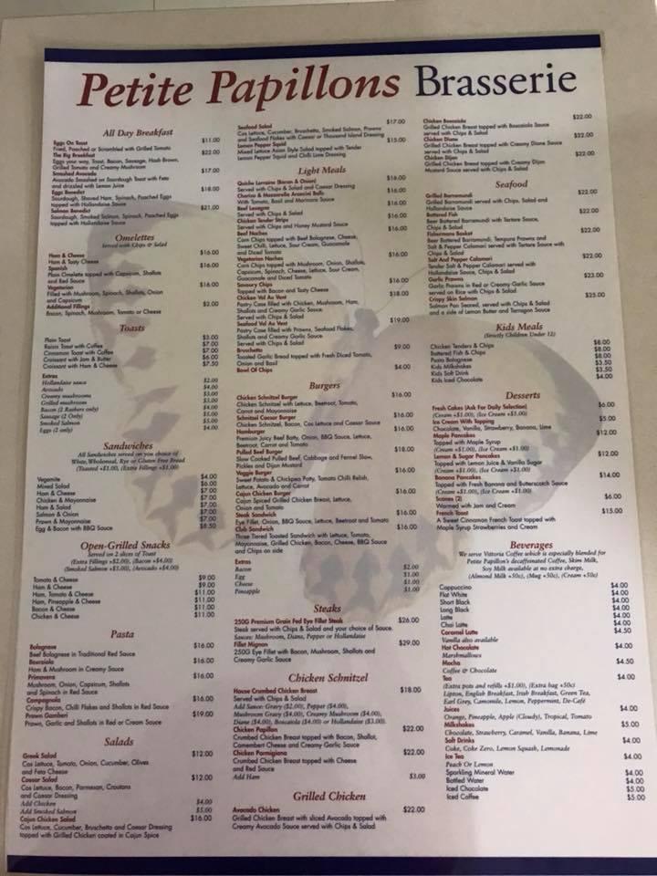 Menu at Petite Papillon's Brasserie restaurant, Campbelltown
