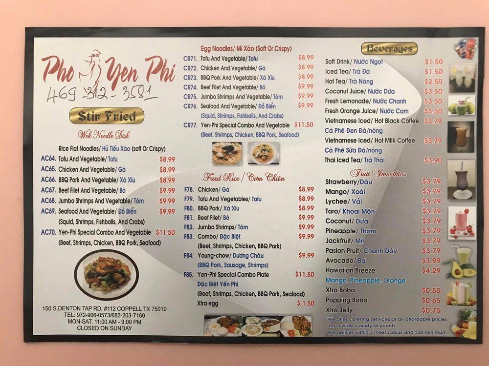 Menu at Pho Yen Phi - Authentic Vietnamese Cuisine restaurant, Coppell