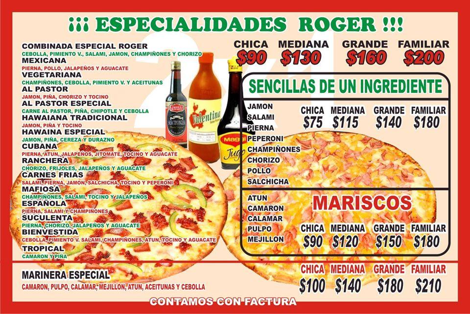 Menu at Roger's Pizza restaurant, Acayucan