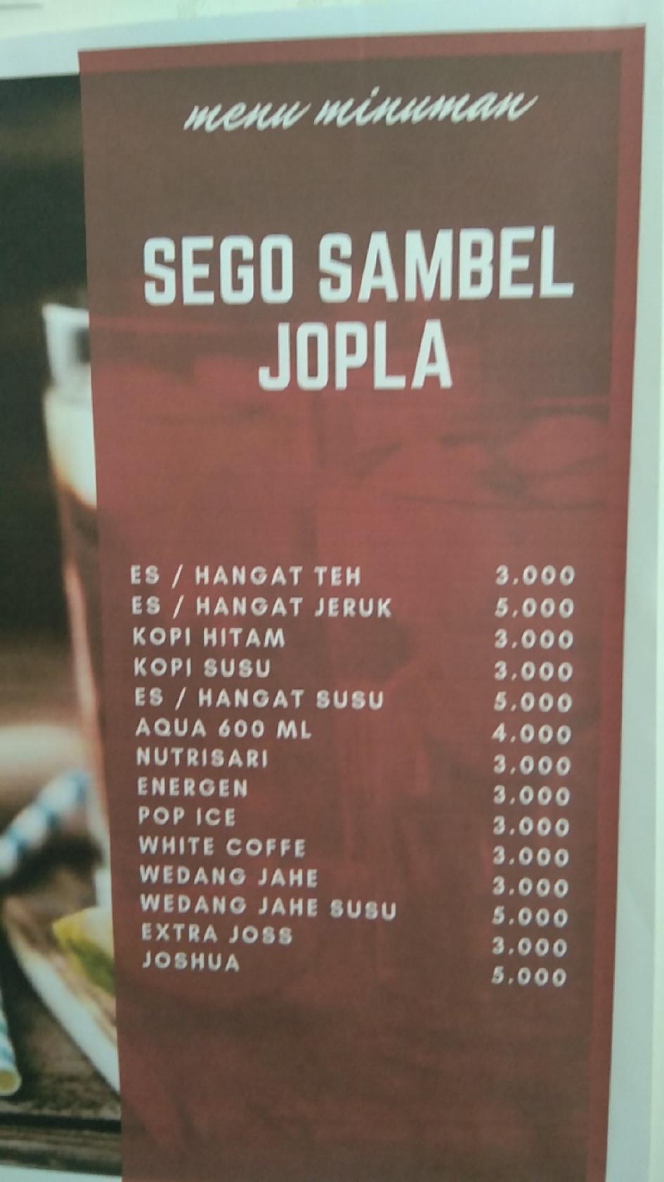 Menu at Sego Sambal JOPLA restaurant, Batu