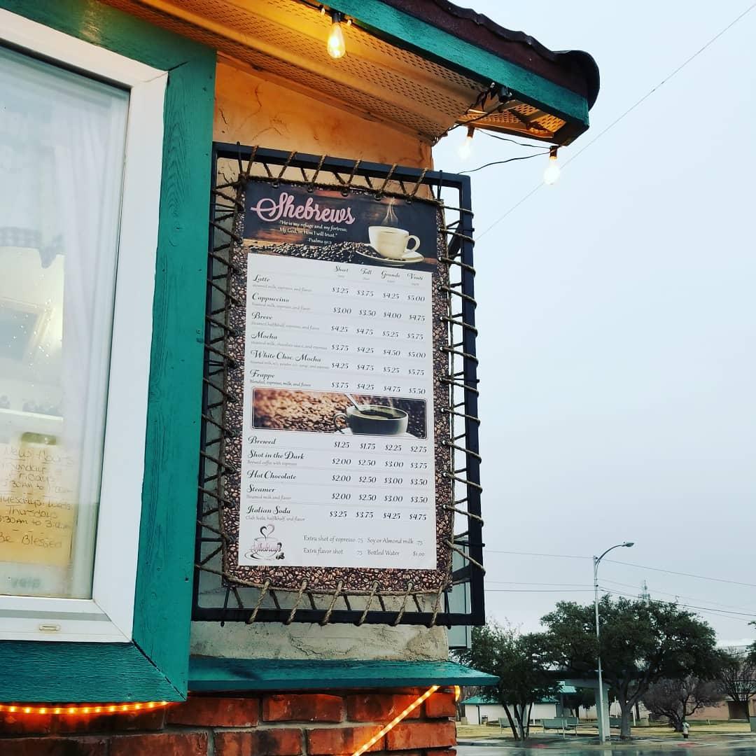 Menu at Shebrews, Big Spring