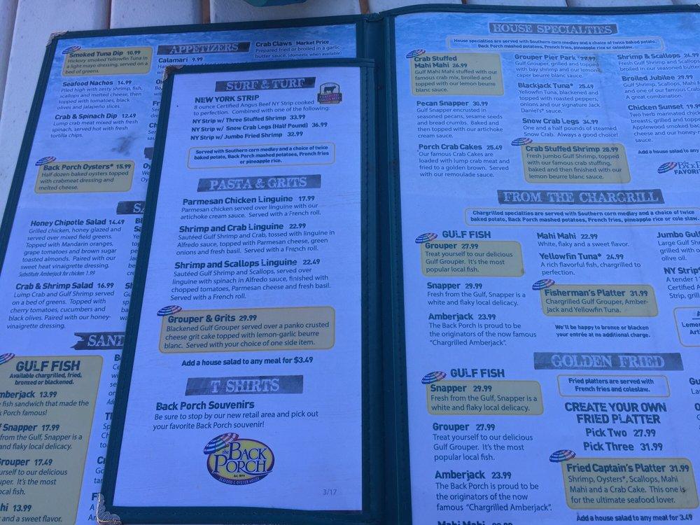 Menu at The Back Porch Seafood & Oyster House restaurant, Panama City ...