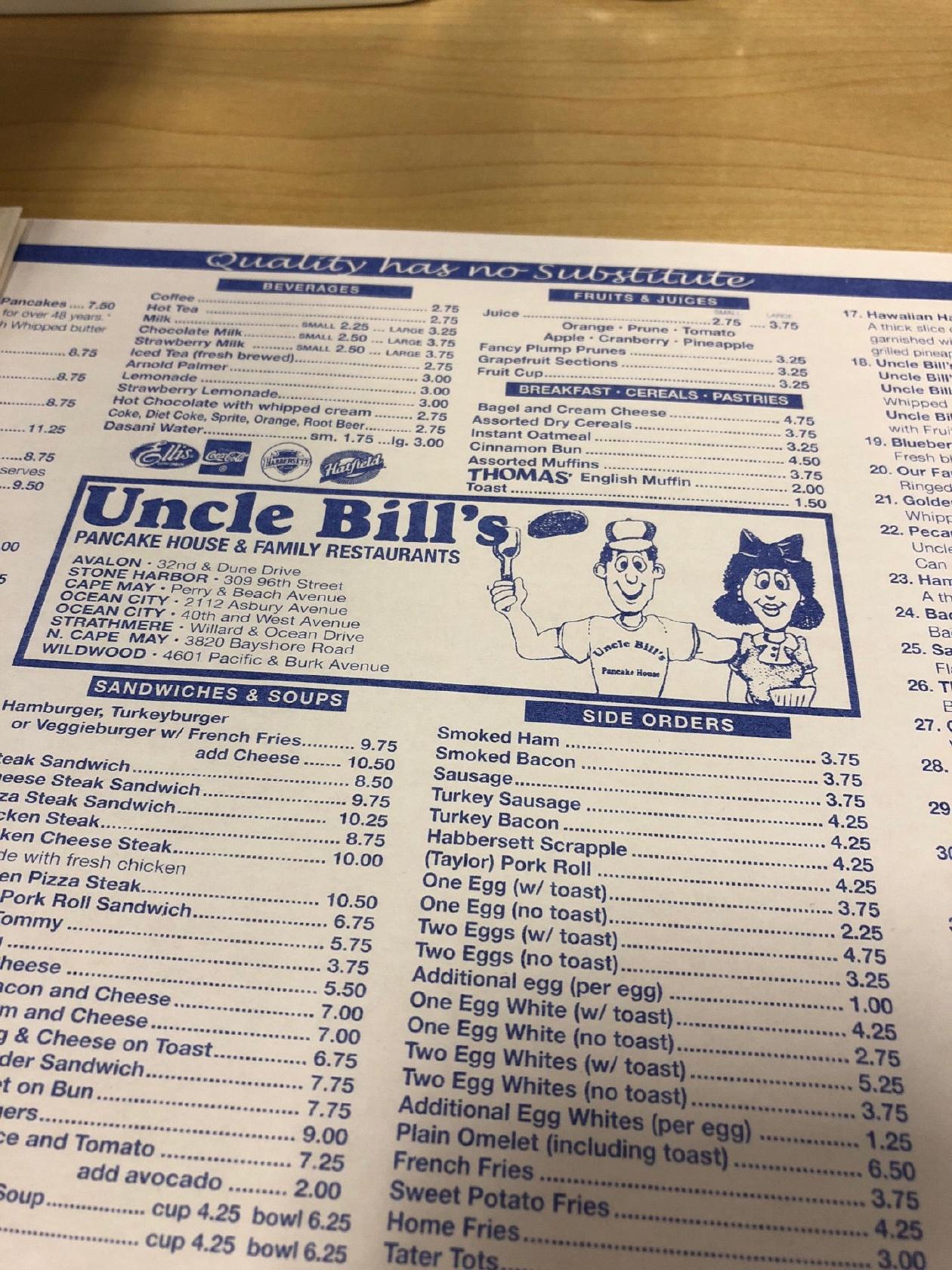 Menu at Uncle Bill's Pancake House restaurant, Cape May, 261 Beach Ave