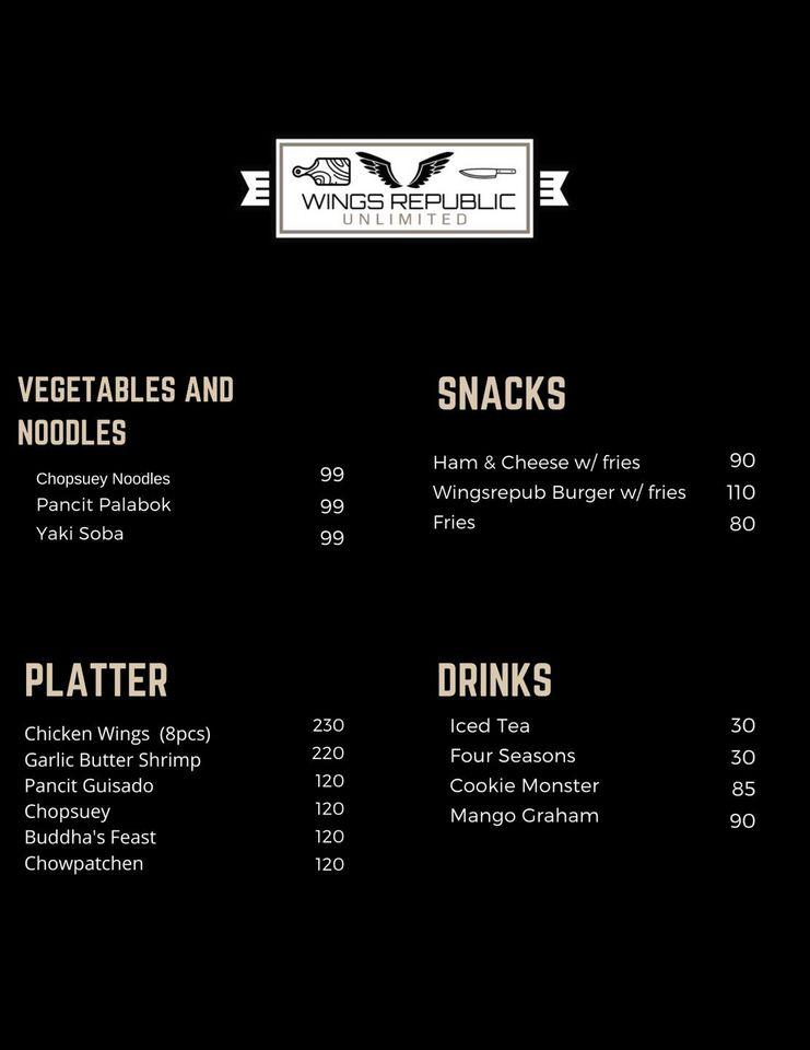 Menu at Wings Restaurant, Maasin City