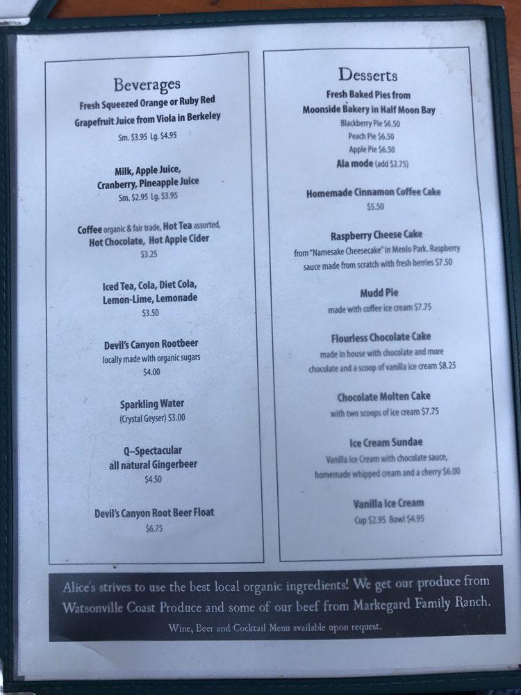 Menu at Alice's Restaurant, Woodside, Skyline Blvd
