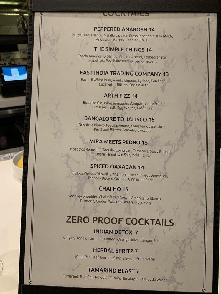 Carta de Arth Bar & Kitchen - Indian Restaurant in Culver City, Culver City
