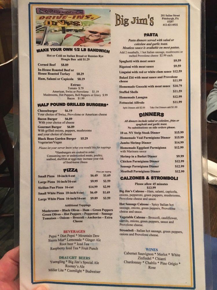 Menu at Big Jim's in the Run restaurant, Pittsburgh