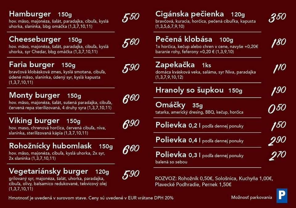 Menu at Bistro FARIA Rohožník restaurant, Rohožník