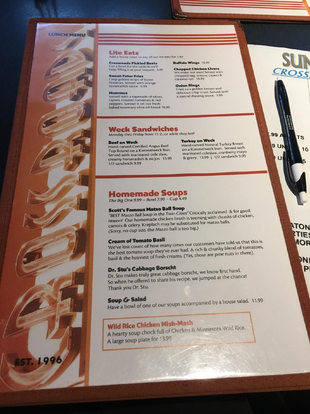 Menu at Crossroads Delicatessen restaurant, Minnetonka
