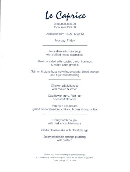 Menu at Le Caprice restaurant, London, 20 Arlington St
