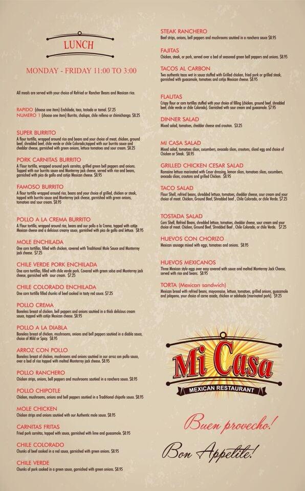 Menu at Mi Casa Mexican Restaurant, Meridian