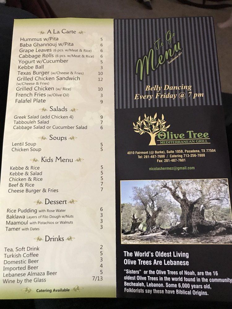 Carta del restaurante Olive Tree, Pasadena, Fairmont Pkwy