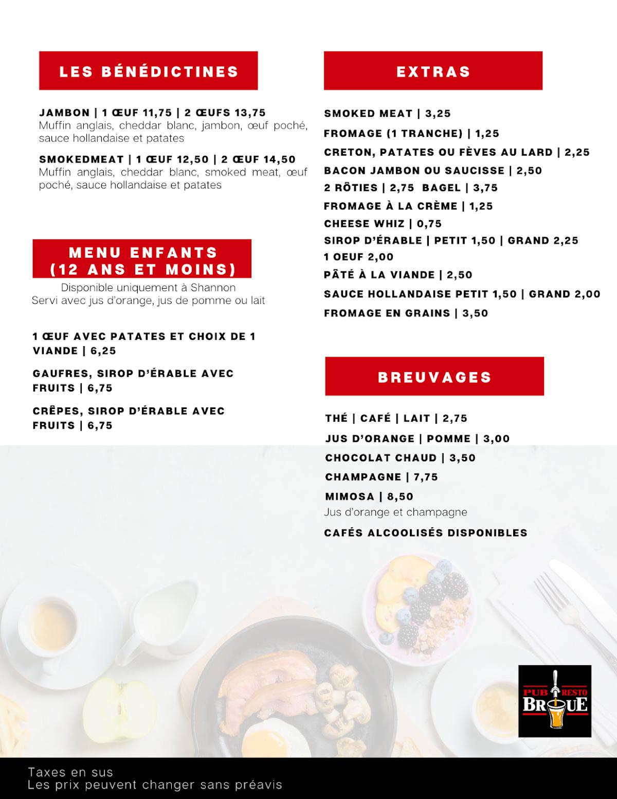 Menu au Pub Resto Broue Beauport, Québec