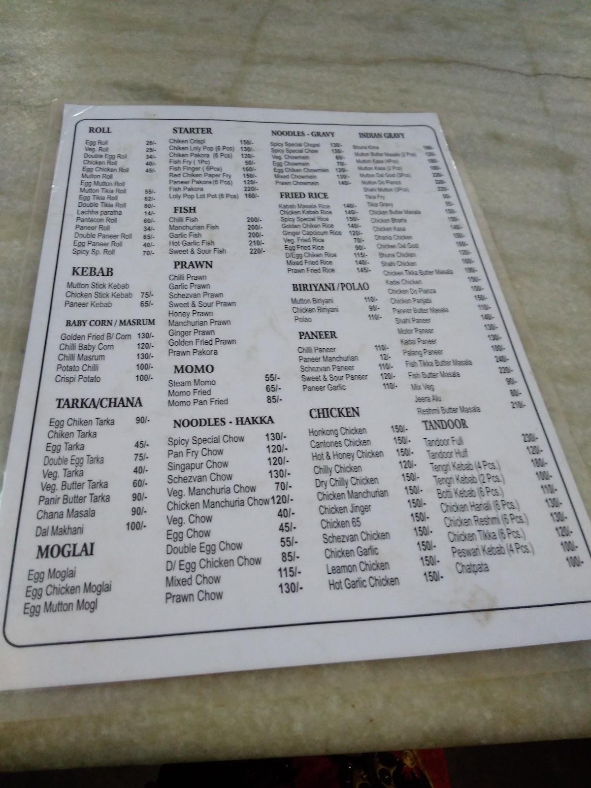 Menu at Spicy, Kolkata, Belgharia