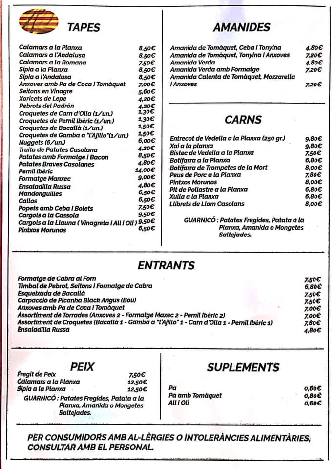 Carta del restaurante Can Rafa, Llansá
