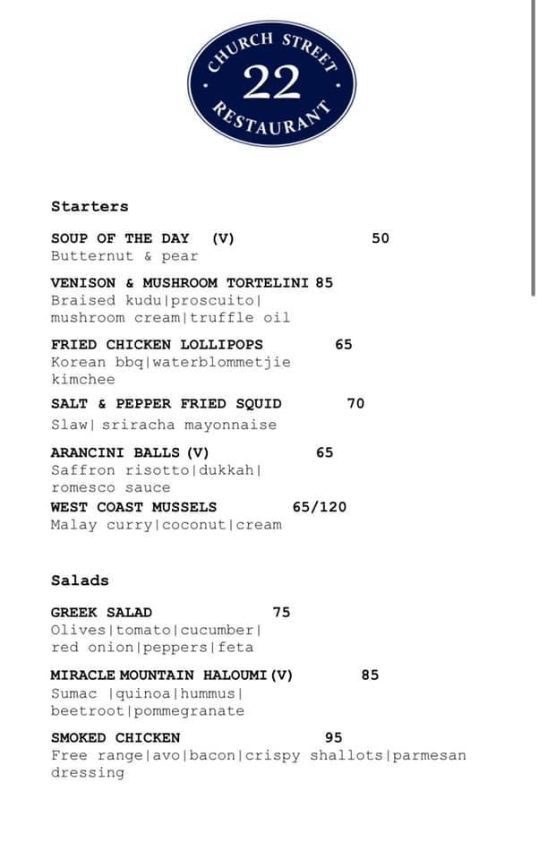 Menu at 22 Church Street Restaurant Montagu, Montagu