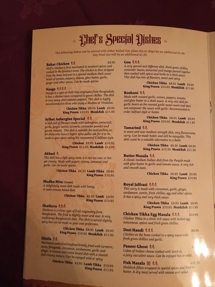 Menu at Agrah restaurant, Cleethorpes