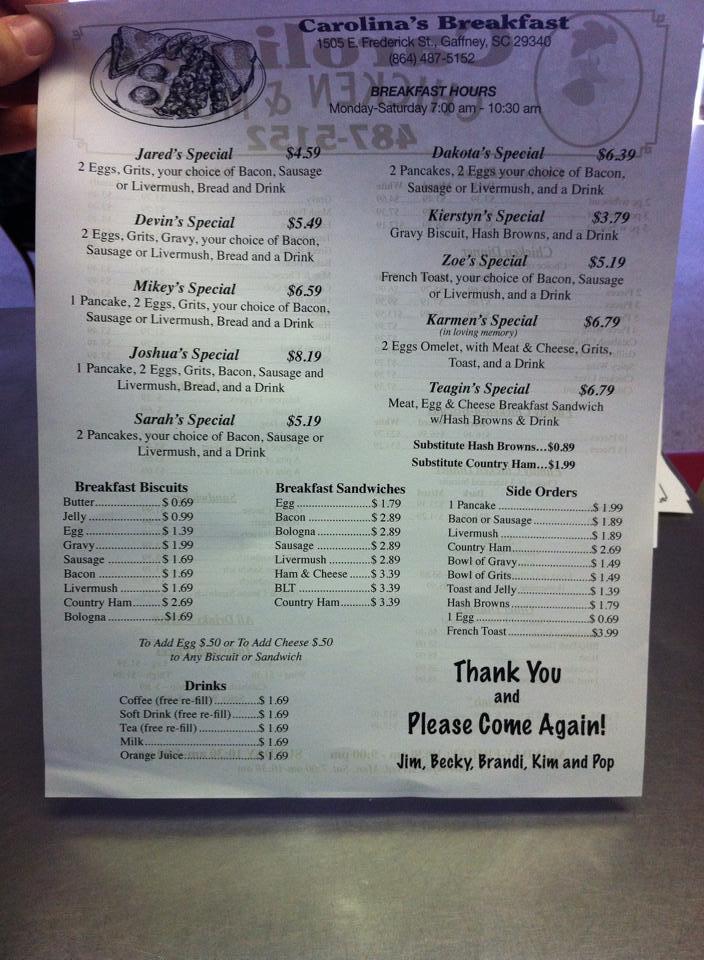 Menu at Carolina Chicken & More restaurant, Gaffney