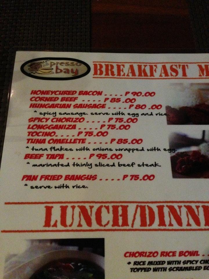 Menu at Espresso Bay Cafe, Cebu City