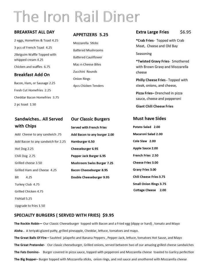 Menu at Iron Rail Diner restaurant, Mount Savage, Mt Savage Rd NW