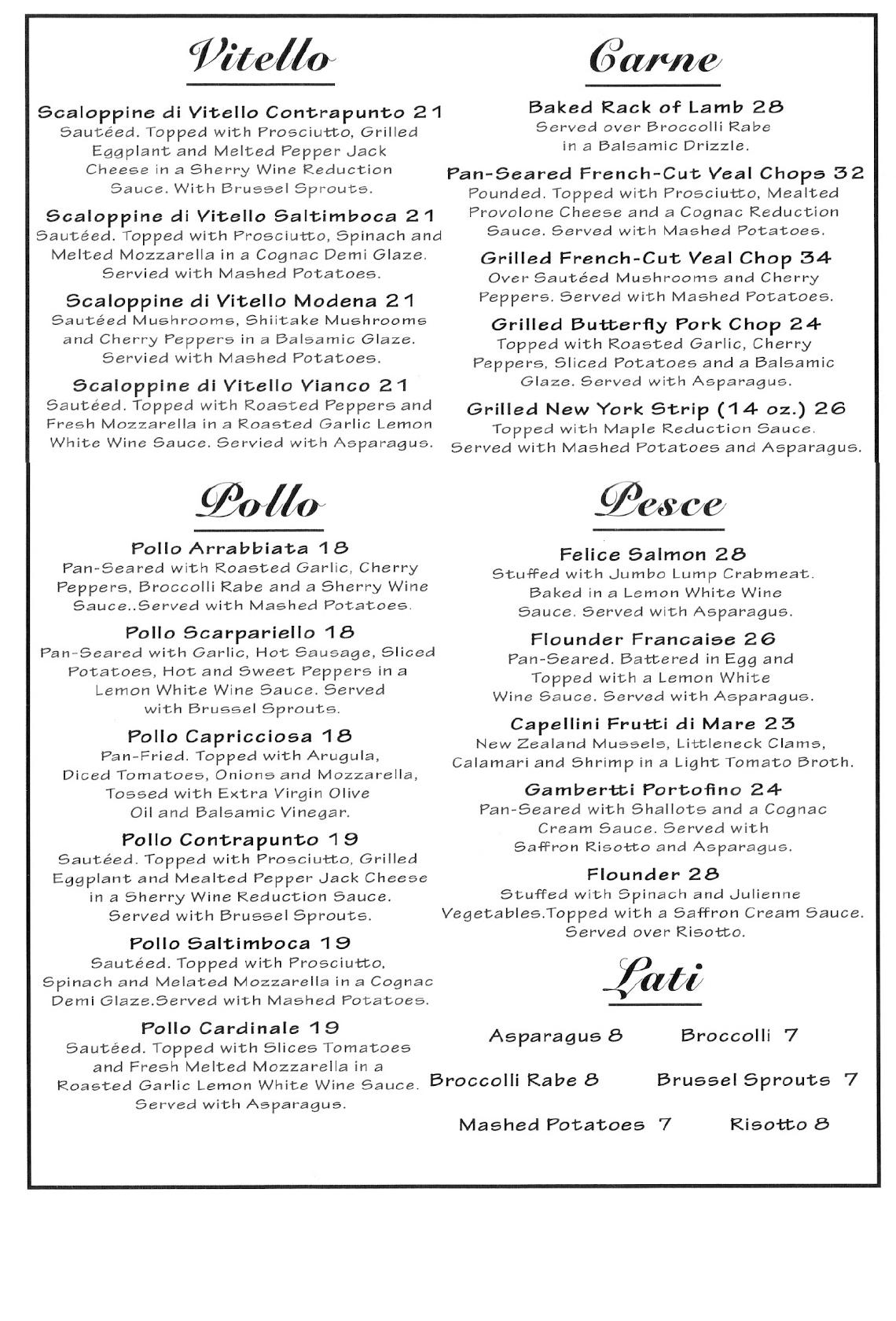 Menu at La Famiglia Felice restaurant, Mahopac