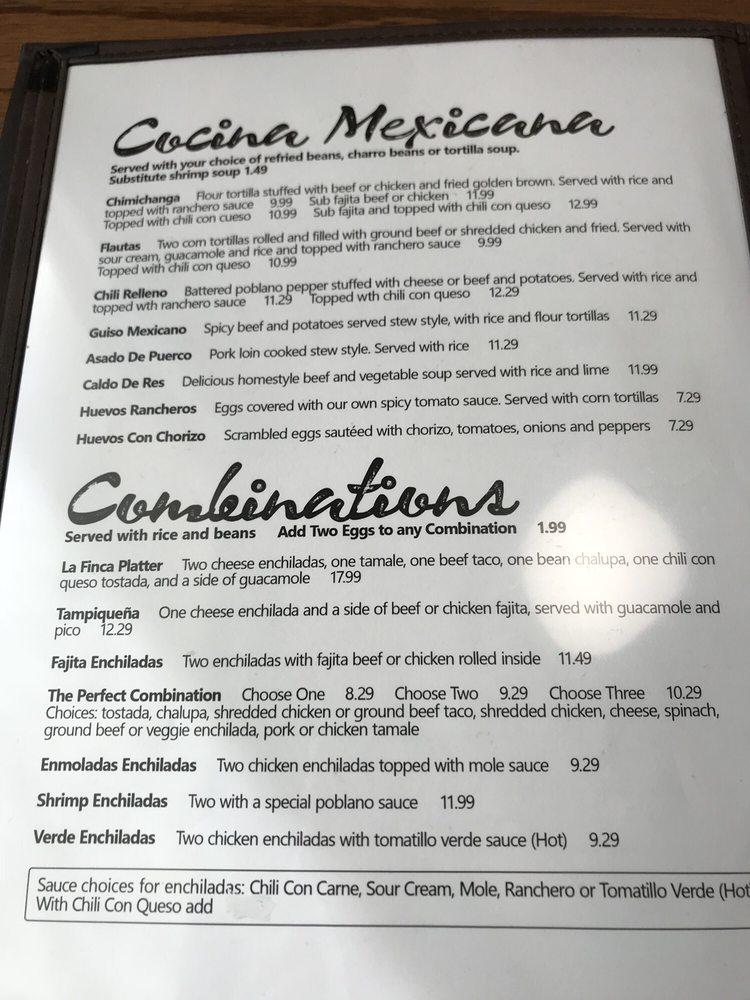 Menu at La Finca restaurant, Gilmer