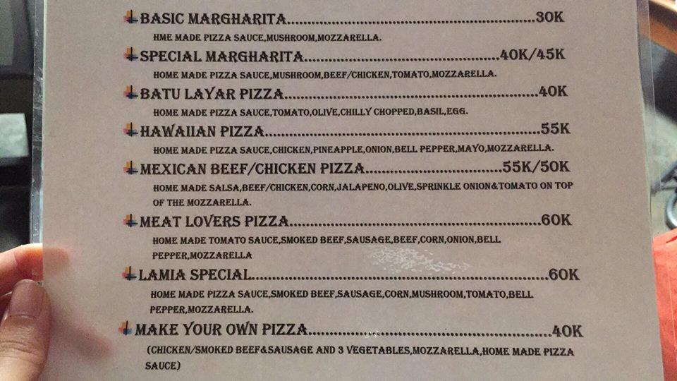 Menu at Lamia Pizzaria restaurant, Labuhan Lombok