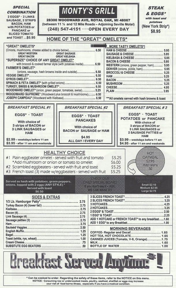 Menu at Monty's Grill restaurant, Royal Oak
