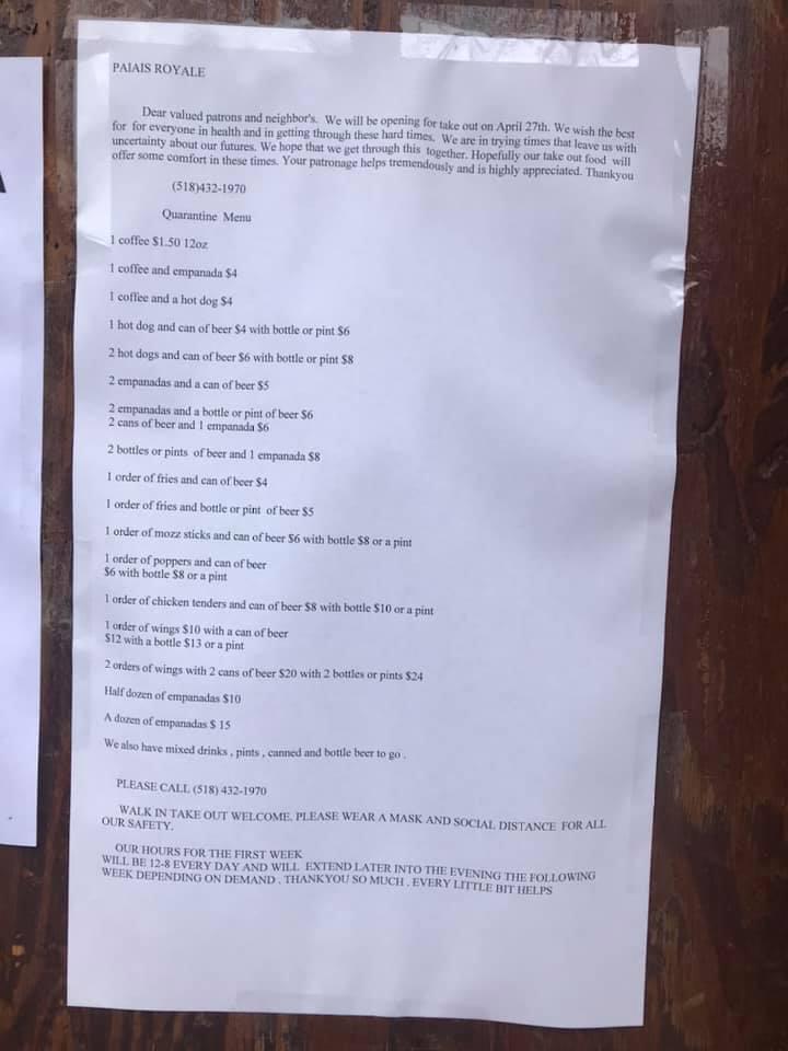 Menu at Palais Royale pub & bar, Albany