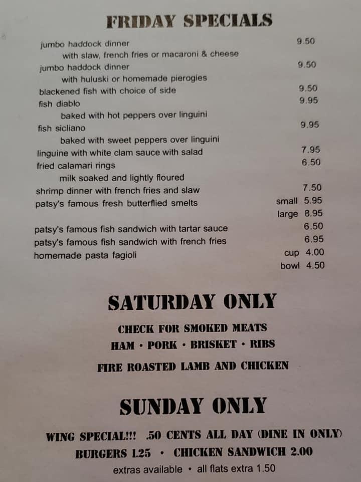 Menu at Patsy's Bar, Youngstown, Wilson Ave