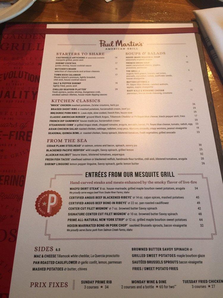 Menu at Paul Martin's American Grill steakhouse, Roseville