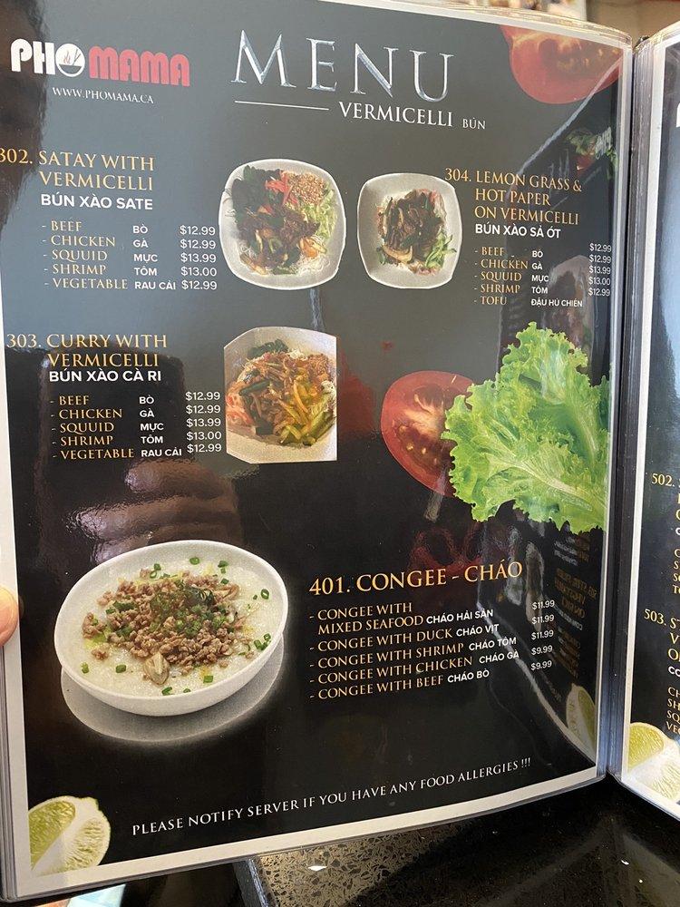 Menu at Pho Mama Oakville restaurant, Oakville