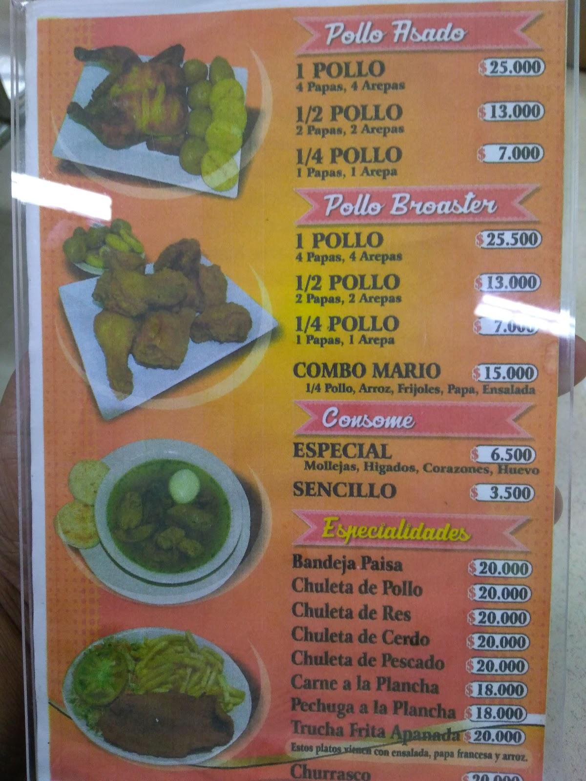 Carta del restaurante Pollos Mario, La Ceja