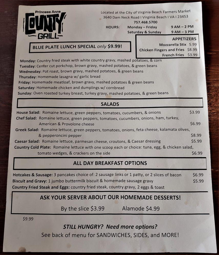 Menu at Princess Anne County Grill restaurant, Virginia Beach, Dam Neck Rd